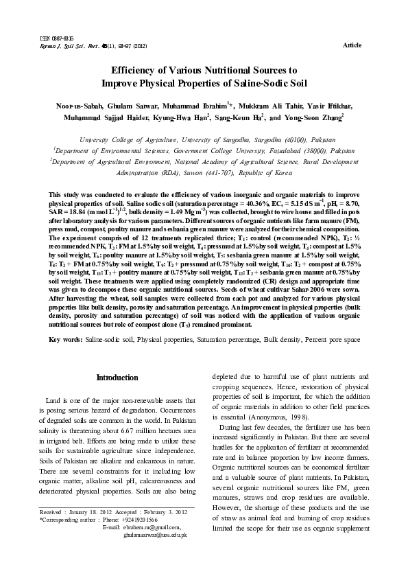 (PDF) Efficiency of Various Nutritional Sources to Improve Physical Properties of Saline-Sodic Soil