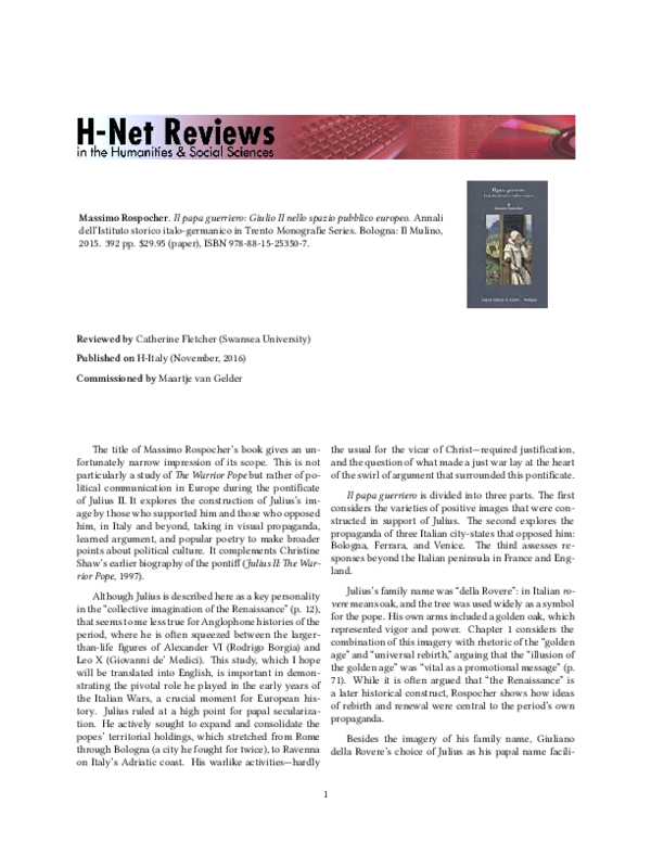 (PDF) Catherine Fletcher on "Il papa guerriero: Giulio II nello spazio ...