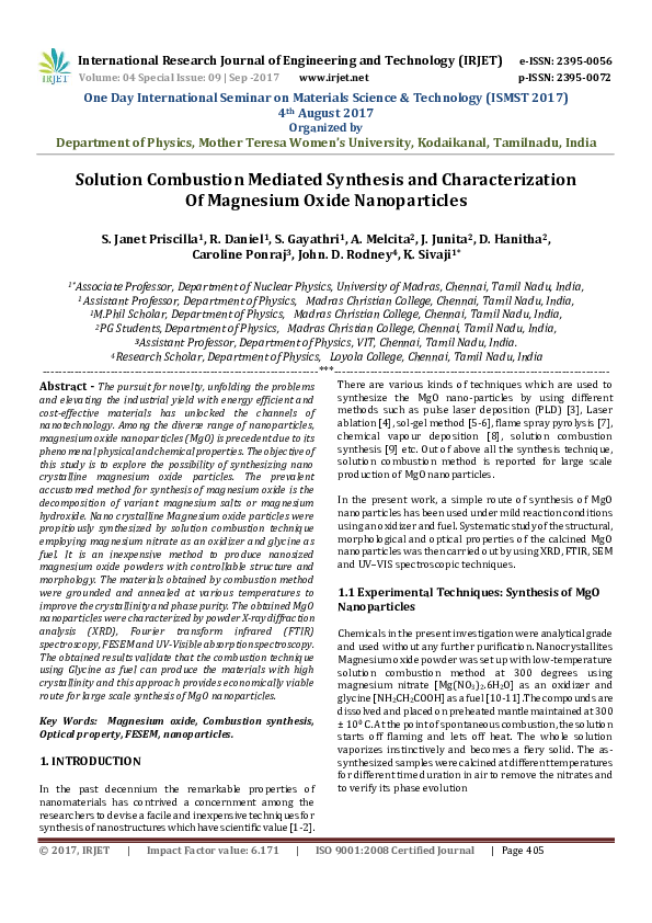 (PDF) Solution Combustion Mediated Synthesis and Characterization Of ...
