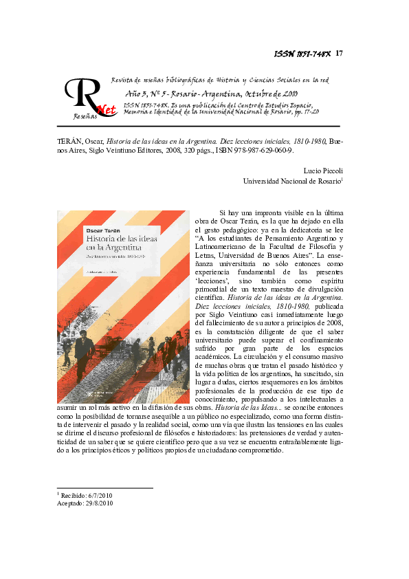 (PDF) TERÁN, Oscar, Historia de las ideas en la Argentina. Diez lecciones iniciales, 1810-1980 ...