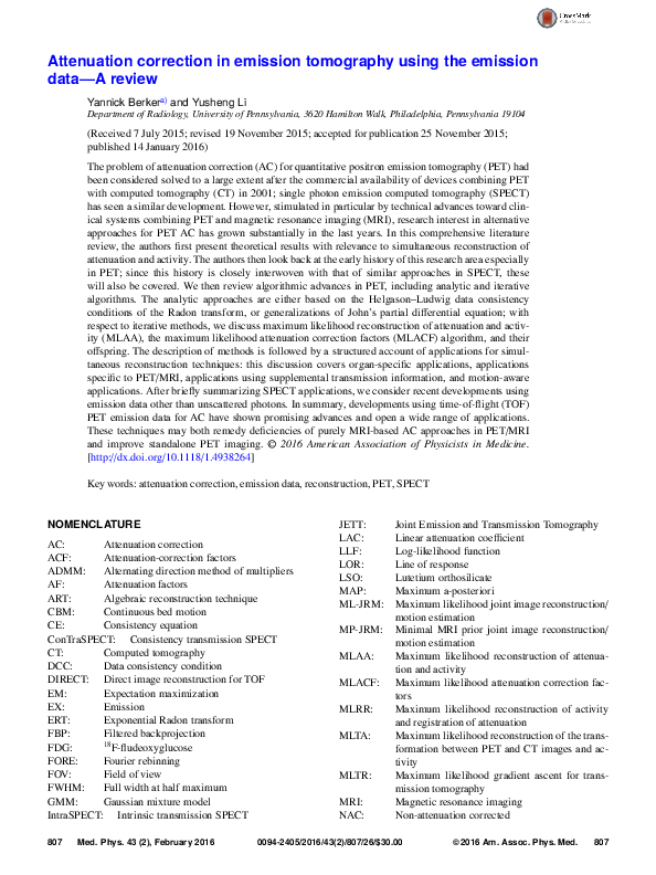 (PDF) Attenuation correction in emission tomography using the emission data-A review