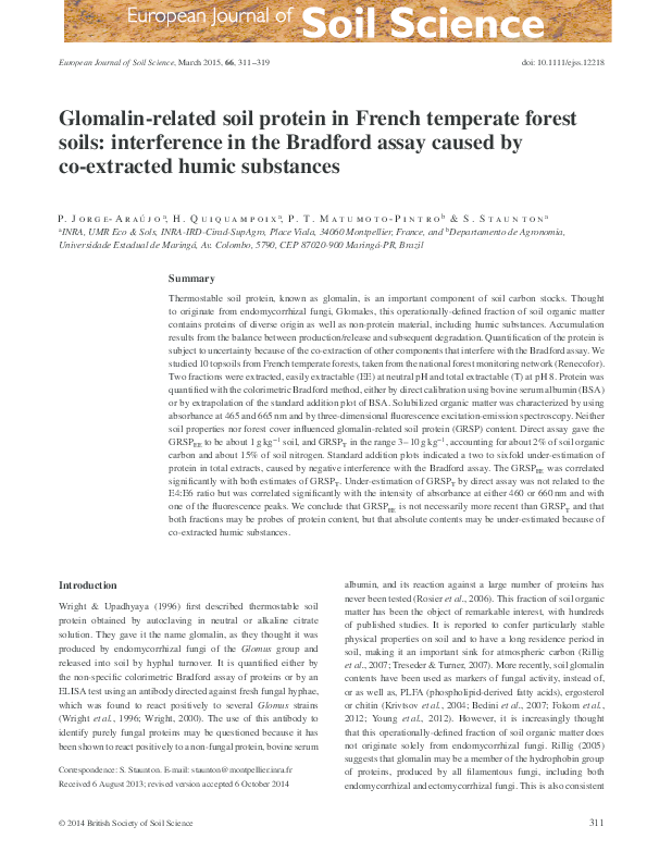 (PDF) Glomalin related soil protein in French temperate forest soils: Interference in Bradford ...