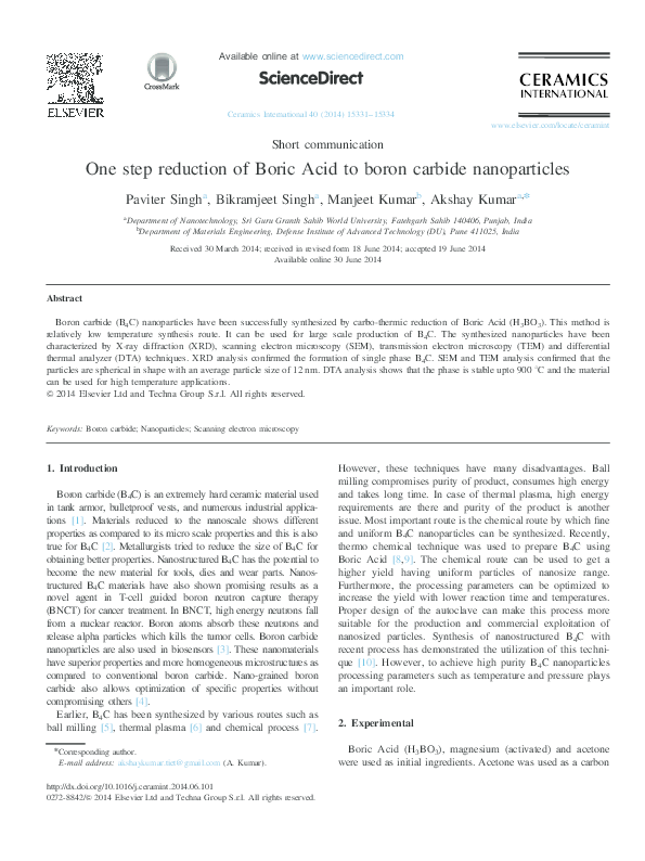 (PDF) One step reduction of Boric Acid to boron carbide nanoparticles
