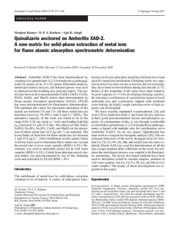 (PDF) Quinalizarin anchored on amberlite XAD-2. A new matrix for solid-phase extraction of metal ...