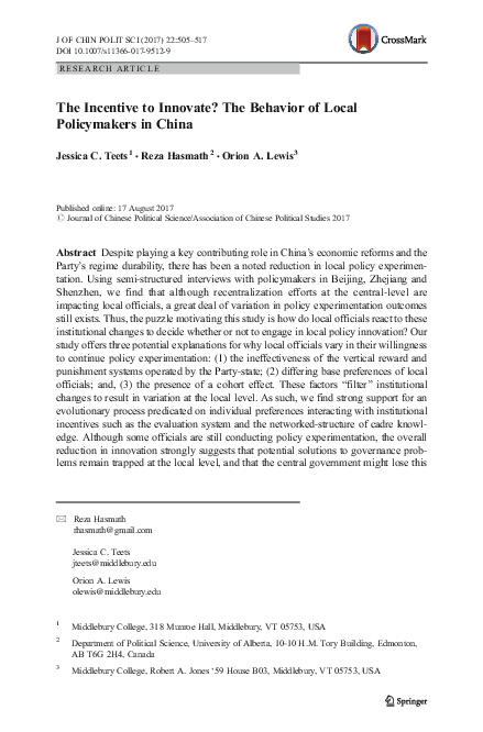 (PDF) The Incentive to Innovate? The Behavior of Local Policymakers in ...