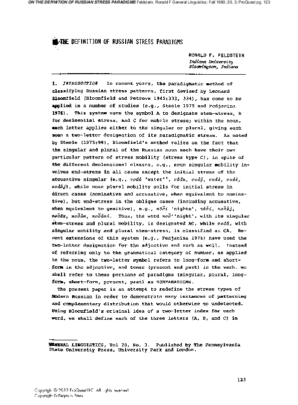 (PDF) On the Definition of Russian Stress Paradigms | Ronald Feldstein ...