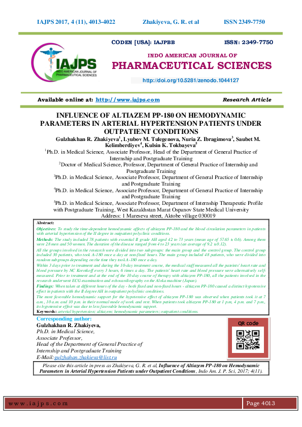 (PDF) INFLUENCE OF ALTIAZEM PP-180 ON HEMODYNAMIC PARAMETERS IN ...