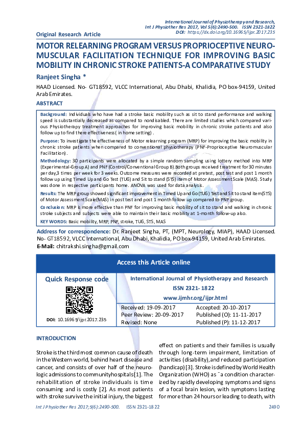 (PDF) MOTOR RELEARNING PROGRAM VERSUS PROPRIOCEPTIVE NEURO- MUSCULAR ...