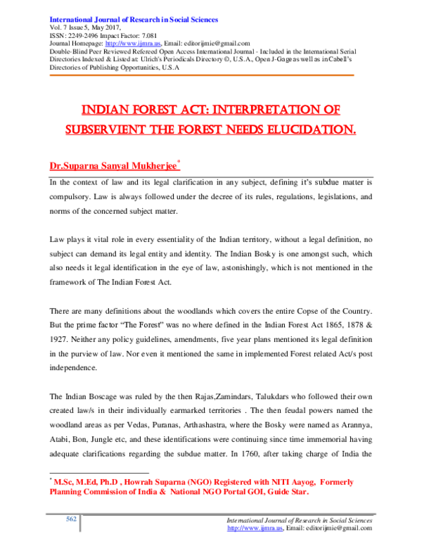 (PDF) Indian Forest Act: Interpretation of Subservient the Forest Needs ...