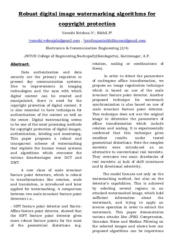 (PDF) Robust digital image watermarking algorithms for copyright protection