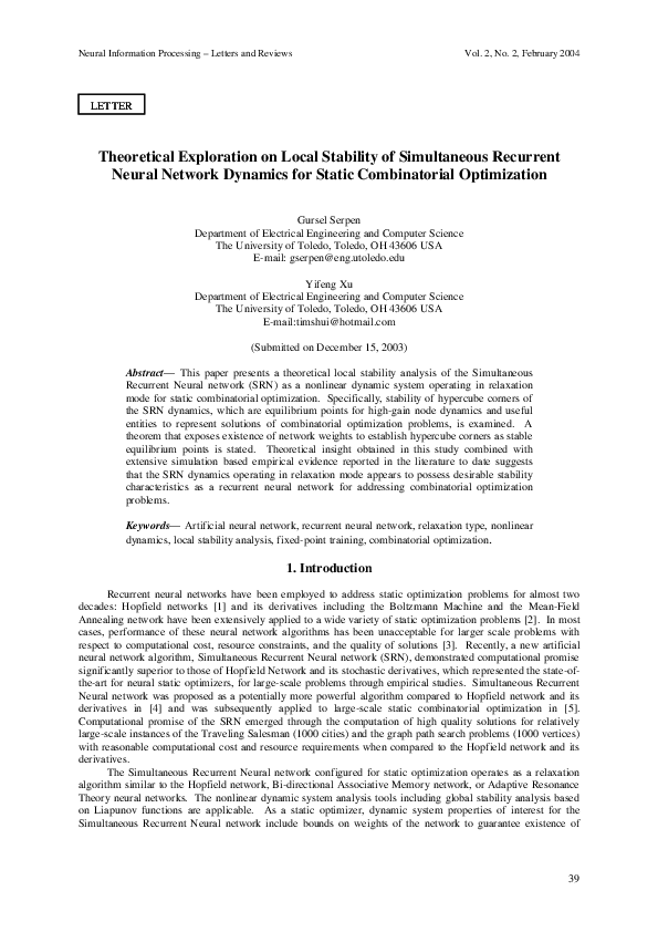 (PDF) Theoretical Exploration on Local Stability of Simultaneous Recurrent Neural Network ...