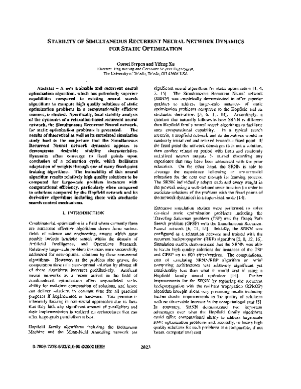 (PDF) Stability of simultaneous recurrent neural network dynamics for static optimization