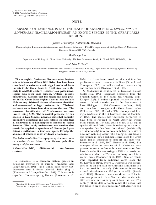 (PDF) Absence of Evidence is Not Evidence of Absence: Is Stephanodiscus ...