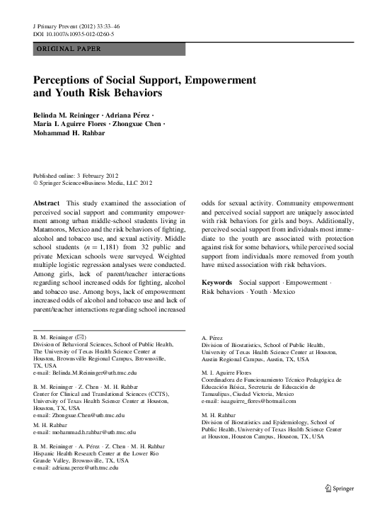 (PDF) Perceptions of Social Support, Empowerment and Youth Risk Behaviors
