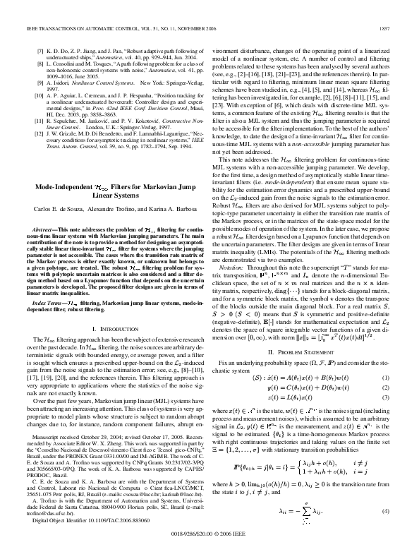 (PDF) Mode-Independent H∞ Filters for Markovian Jump Linear Systems