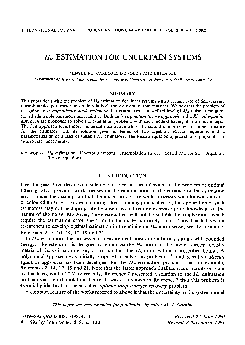 (PDF) H∞ estimation for uncertain systems