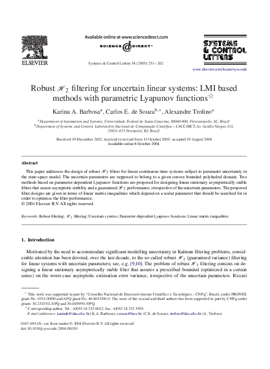 Pdf Robust Filtering For Uncertain Linear Systems Lmi Based Methods