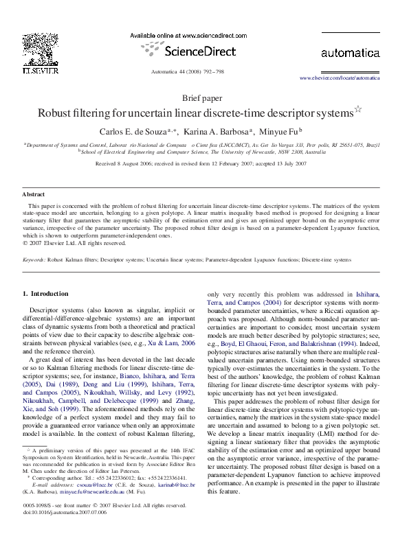 Pdf Robust Filtering For Uncertain Linear Discrete Time Descriptor Systems Carlos E De Souza