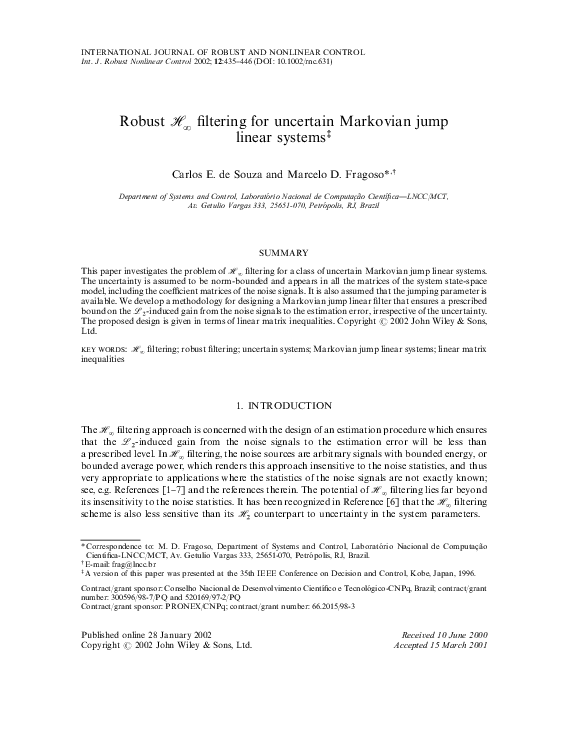 Pdf Robust H∞ Filtering For Uncertain Markovian Jump Linear Systems Carlos E De Souza