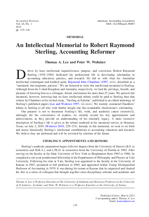 (PDF) An Intellectual Memorial to Robert Raymond Sterling, Accounting ...