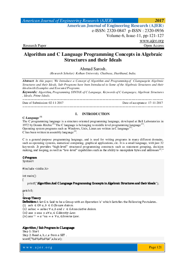 (PDF) Algorithm and C Language Programming Concepts in Algebraic Structures and their Ideals
