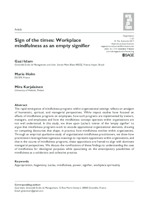 (PDF) Sign of the times: Workplace mindfulness as an empty signifier