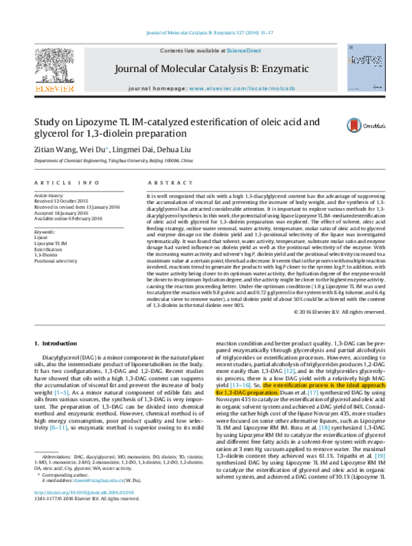 (PDF) Study on Lipozyme TL IM-catalyzed esterification of oleic acid ...