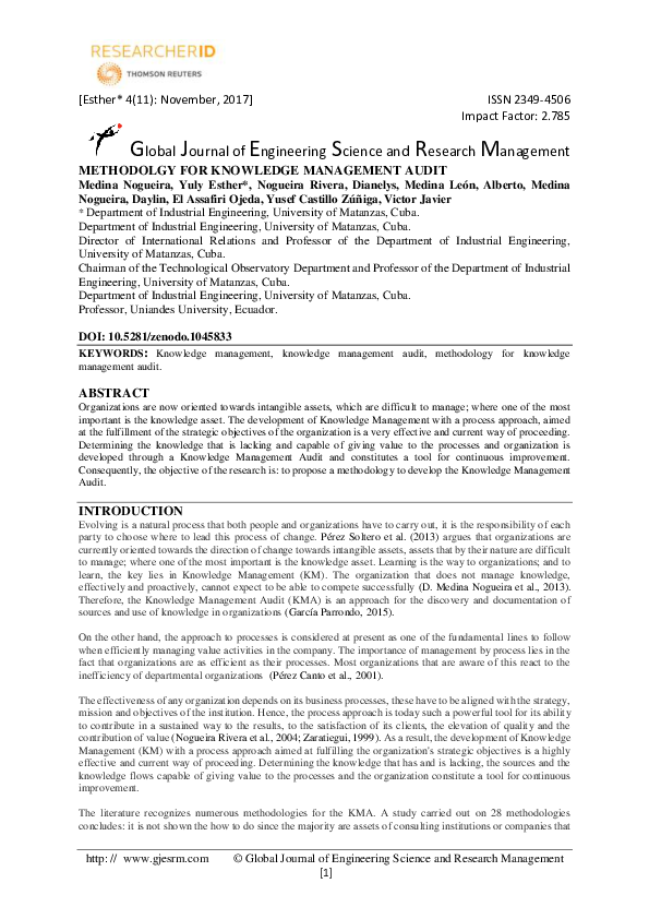 (PDF) METHODOLGY FOR KNOWLEDGE MANAGEMENT AUDIT