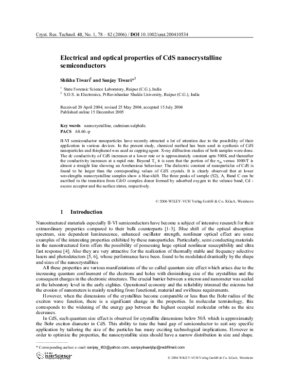 (PDF) Electrical and optical properties of CdS nanocrystalline semiconductors