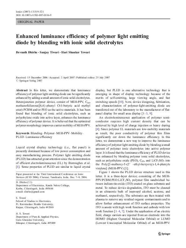 (PDF) Enhanced luminance efficiency of polymer light emitting diode by ...