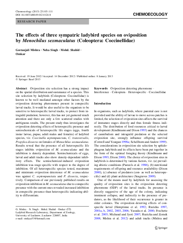 (PDF) The effects of three sympatric ladybird species on oviposition by ...