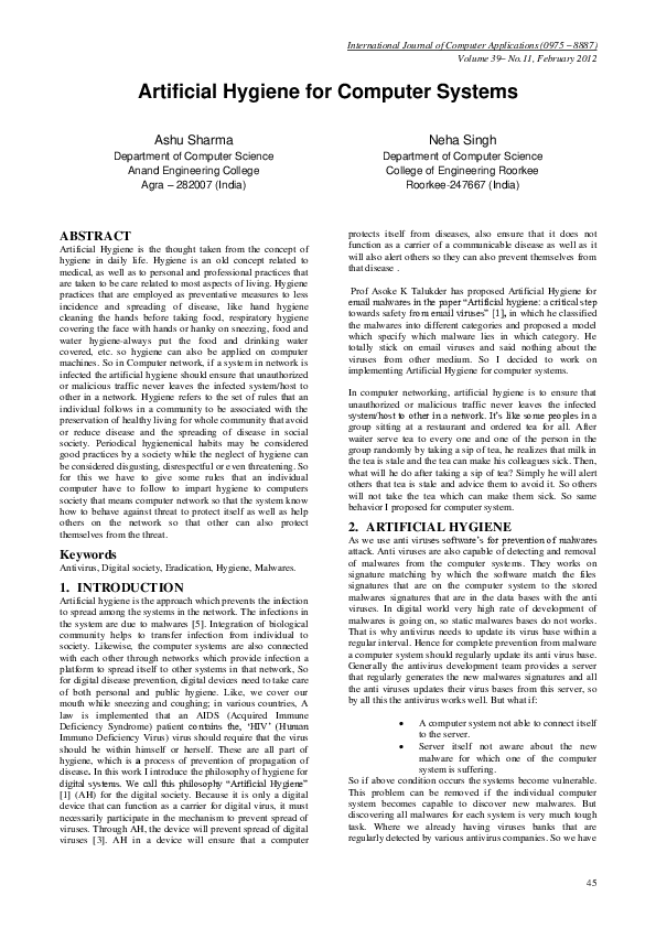 (PDF) Artificial Hygiene for Computer Systems
