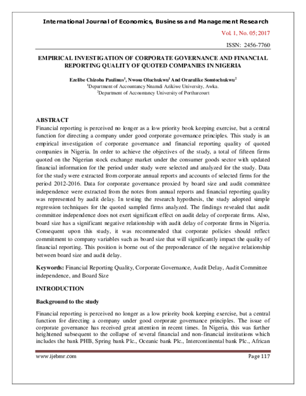 (PDF) EMPIRICAL INVESTIGATION OF CORPORATE GOVERNANCE AND FINANCIAL REPORTING QUALITY OF QUOTED ...