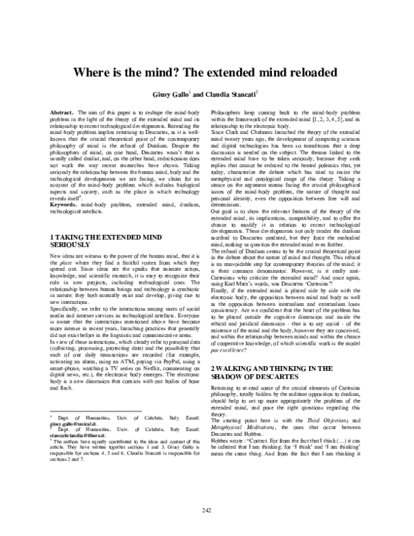 (PDF) Where is the mind? The extended mind reloaded