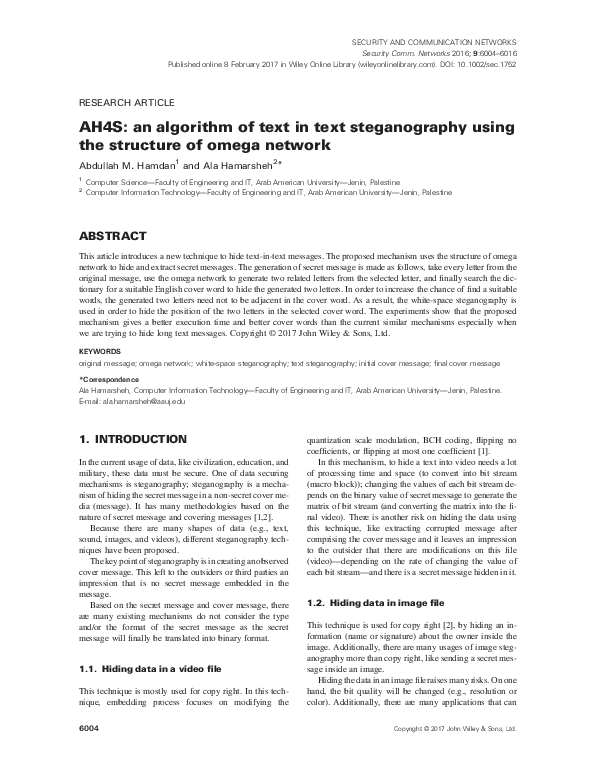 Pdf Ah4s An Algorithm Of Text In Text Steganography Using The