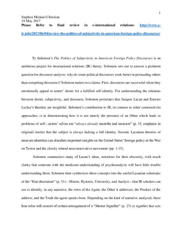 (DOC) Review – The Politics of Subjectivity in American Foreign Policy ...