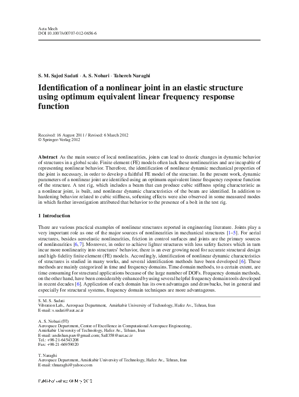 Pdf Identification Of A Nonlinear Joint In An Elastic Structure Using