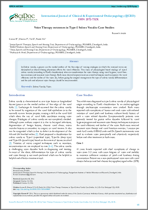 (PDF) Voice Therapy outcomes in Type-I Sulcus Vocalis: Case Studies