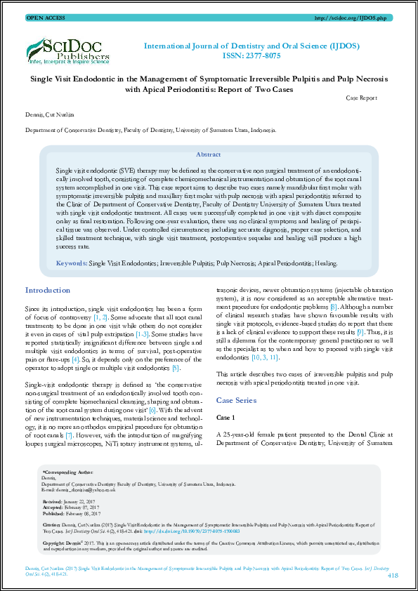 (PDF) Single Visit Endodontic in the Management of Symptomatic Irreversible Pulpitis and Pulp ...