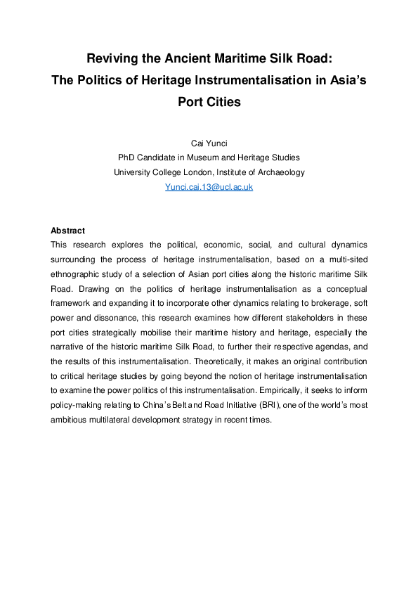 (PDF) Reviving the Ancient Maritime Silk Road: The Politics of Heritage ...