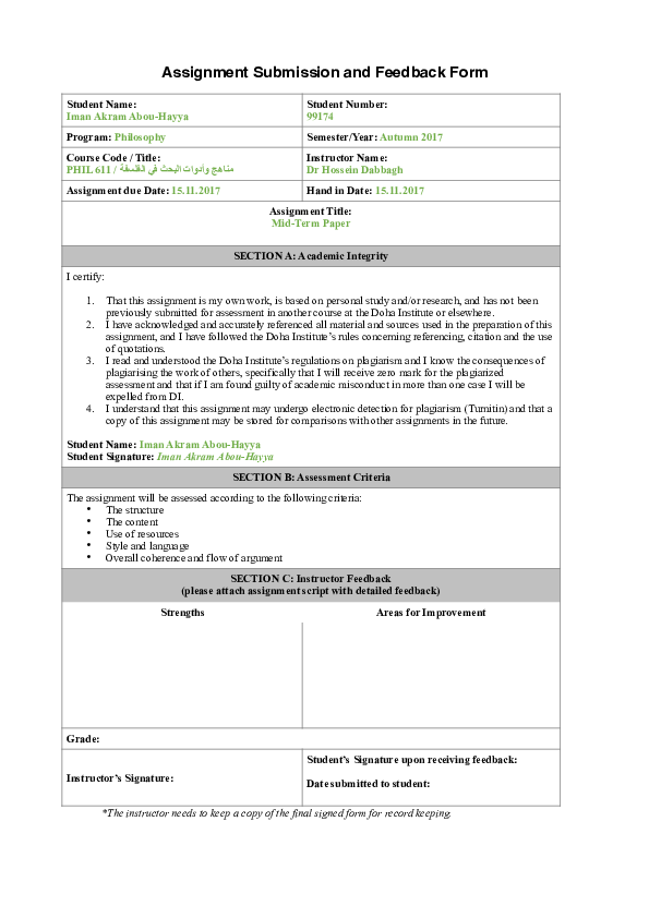 (PDF) Assignment Submission and Feedback Form