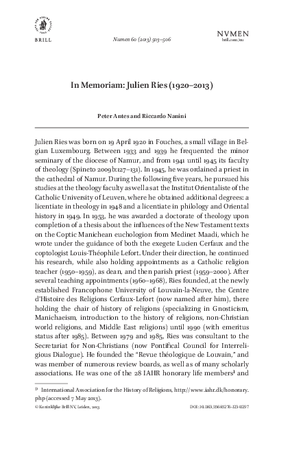 (PDF) In Memoriam: Julien Ries (1920–2013)