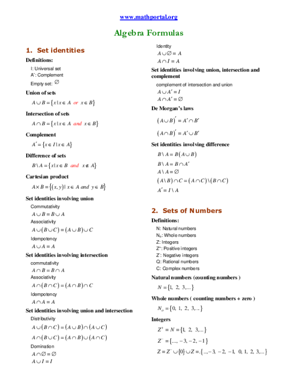 (PDF) Algebra Formulas | leah malana - Academia.edu