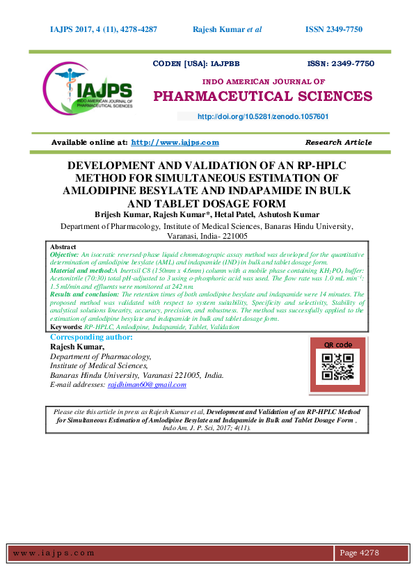 Pdf Development And Validation Of An Rp Hplc Method For Simultaneous Estimation Of Amlodipine