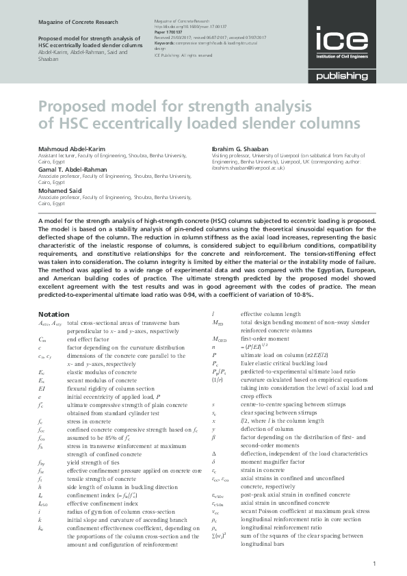 (PDF) Proposed Model for Strength Analysis of HSC Eccentrically Loaded Slender Columns
