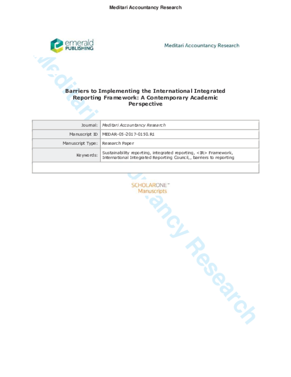 (PDF) Barriers to implementing the International Integrated Reporting Framework: A contemporary ...