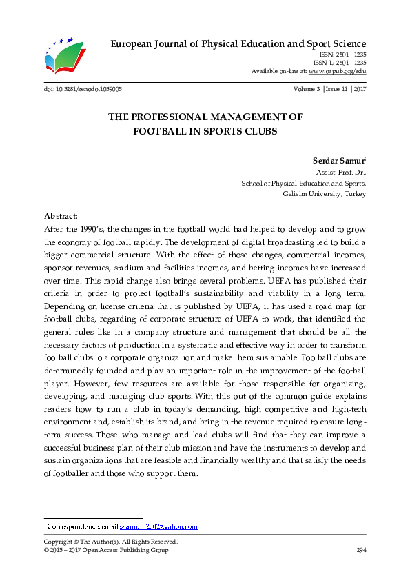 (PDF) THE PROFESSIONAL MANAGEMENT OF FOOTBALL IN SPORTS CLUBS