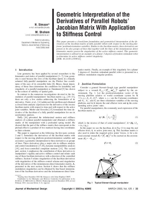 Pdf N Simaan Geometric Interpretation Of The Derivatives Of Parallel Robots Jacobian Matrix