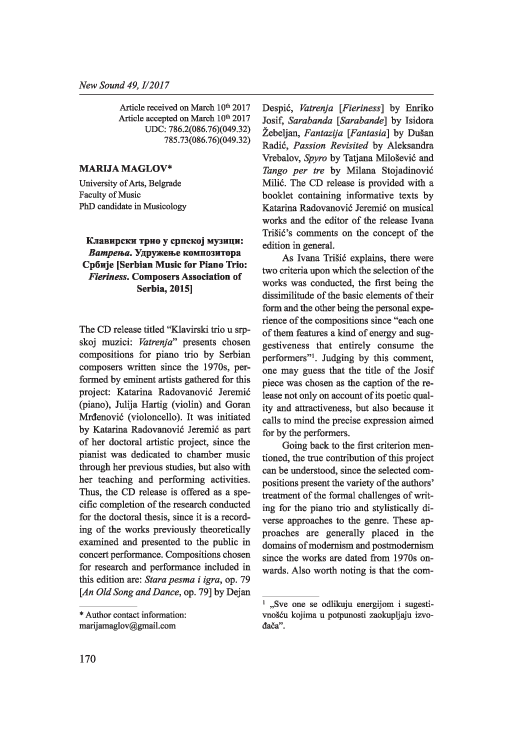 (PDF) CD review: Serbian Music for Piano Trio: Fieriness (Vatrenja)
