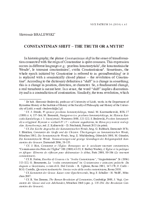 (PDF) Constantinian Shift – The Truth or a Myth?, Vox Patrum 34 (2014 ...